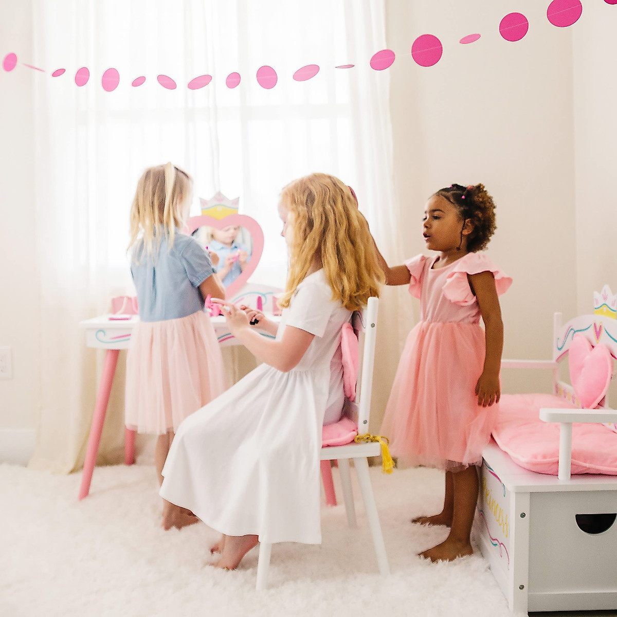 Wildkin Kids Princess Wooden Vanity and Chair Set for Girls, Vanity Features Mirror and Attached Jewelry Box and Music Box, Includes Matching Chair with Removable Backrest and Seat Cushion (White)