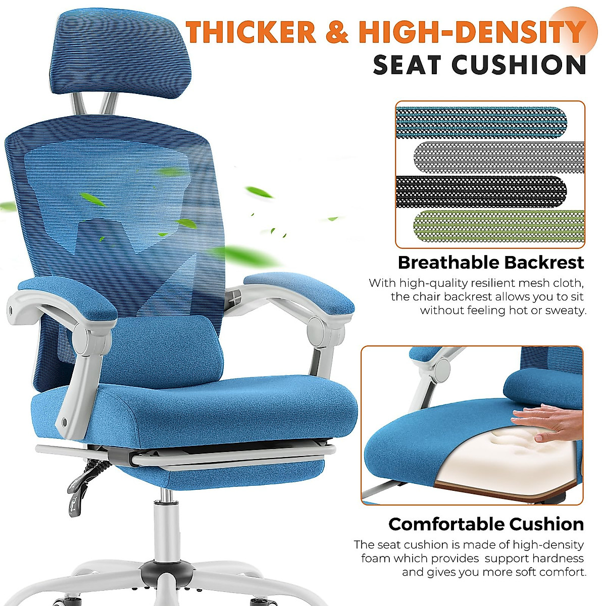 Sweetcrispy Office Computer Desk Chair, Ergonomic High-Back Mesh Rolling Work Swivel Chairs with Wheels, Comfortable Lumbar Support, Comfy Arms for Home, Bedroom, Study, Student, Blue