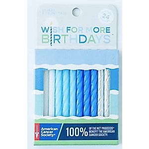 Wish for More Birthdays - 24-Pack of Birthday Candles - Tall, Spiral Cake Decorations to Benefit The American Cancer Society - Blue, Silver and White