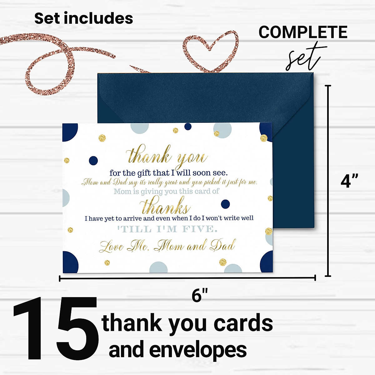 Paper Clever Party Navy and Gold Baby Shower Thank You Cards with Envelopes Blank Notes Prefilled with Message Boys, Personalize for Registry Gifts Royal Prince Notecard Set 4x6 Stationery 15 Pack