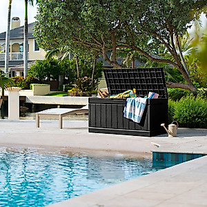 GUNJI 83 Gallon Storage Box Outdoor Waterproof Large Resin Deck Box Patio Storage Bench Lockable Storage Container for Outdoor Cushions, Garden Tools and Pool Supplies (Black)