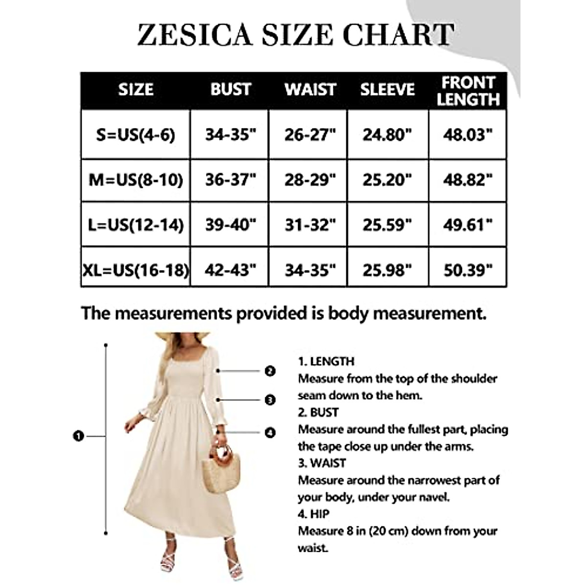 ZESICA Women's Casual Square Neck 3/4 Puff Sleeve Solid Color Smocked High Waist Flowy Midi Dress,Beige,Small