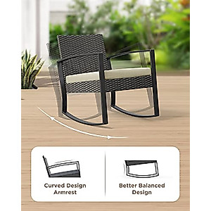 Aiho 3 Pieces Patio Furniture Set, Outdoor Wicker Bistro Rocking Chair Sets with Cushion, Porch Furniture Set with Glass Table, Modern Rattan Conversation Sets for Porches and Balcony, Beige Cushion