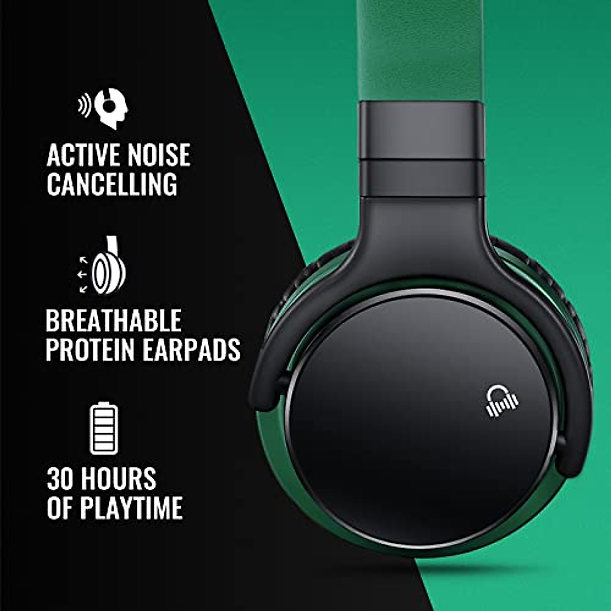 E7 BasicC Active Noise Cancelling Bluetooth Wireless Over Ear Headphones with Mircophone, 30H Playtime,Deep Bass, Comfortable Protein Earpads, for Travel, Home, Office (Green)