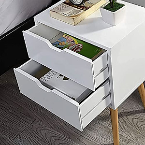 SWEETGO End Side Table Nightstand with Storage Drawer -Fashion Modern Assemble Storage Cabinet Bedroom Bedside -Solid Wood Legs Living Room Bedroom Furniture-Double Drawer Nightstand (1, White)