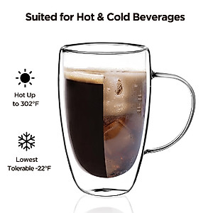 GMFINE Double Wall Glass Coffee Mugs with Handle, 16 oz Insulated Clear Espresso Cups, Cappuccino Cups, Latte Cups, Tea Cups, and Beverage Glasses, Heat Resistant, 4 Pack