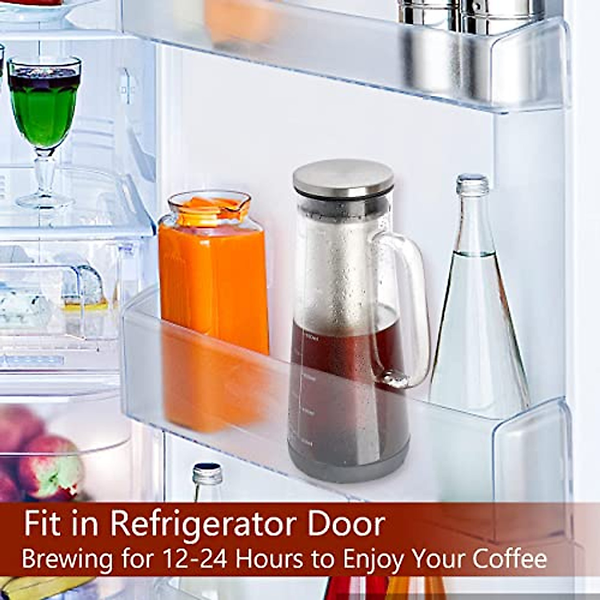 Cold Brew Coffee Maker with Lid and Handle 47oz / 1.4 Liter, Durable Glass Pitcher Carafe, Stainless Steel Mesh Filter Infuser, Dishwasher Safe, for Iced Coffee, Cold Brew, Juice, Tea & More