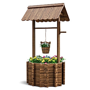 UDPATIO Wishing Wells for Yard, Large Wooden Wishing Well Planter for Outdoors, Upgrade Wishing Well with 4 Reinforced Rod & Hanging Bucket for Garden Patio Lawn Backyard Home Decor