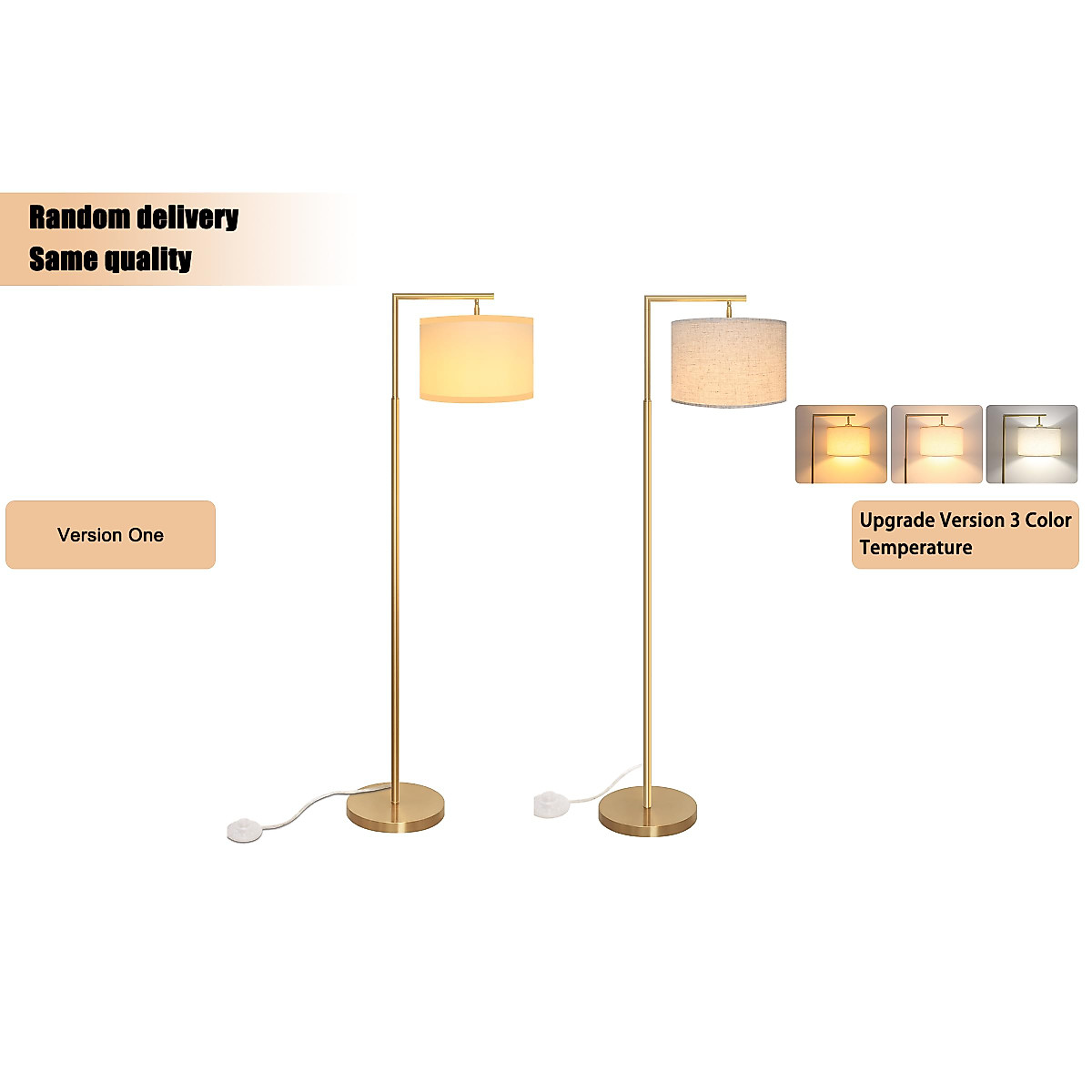 FAGUANGAO 3-Color Temterapure Gold Floor Lamp, Mid Century Modern Floor Lamp, Brass Standing Lamp with Hanging Drum Shade for Living Room, Reading Room, Bedroom, Office (LED Bulb Included)
