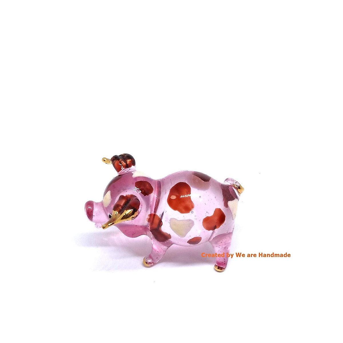 Handmade Mini 2" Blown Glass Pig Figurine, Pink with 22K Gold Accents, Gift Ideas, Fantasy Cool Stuff Decor No.2