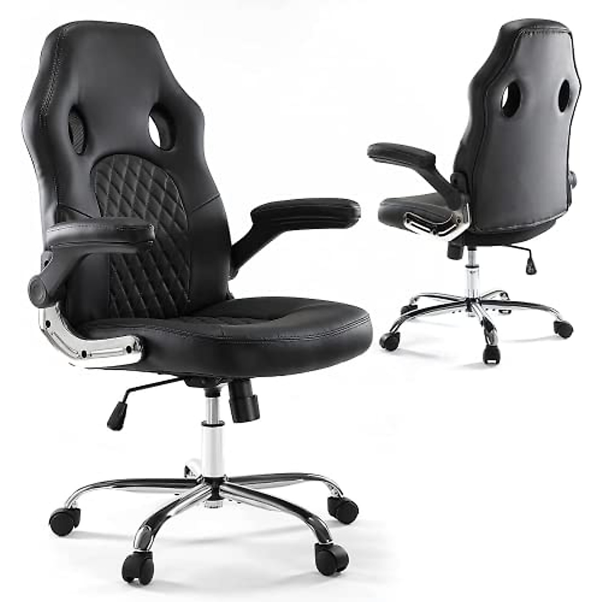 Gaming Chair, Home Office Computer Chair PU Leather Ergonomic Racing Desk Chair Adjustable Height Mid Back ﻿Executive Task Chair with Lumbar Support and Flip Up Armrest, Rocking Swivel Comfty Cushion