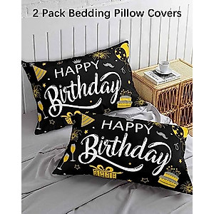 Edwiinsa Happy Birthday Pillow Covers Standard Size Set of 2 20x26 Bed Pillow, Yellow Cake Birthday Gifts Balloon Black Plush Soft Comfort for Hair/Skin Cooling Pillowcases with Envelop Closure