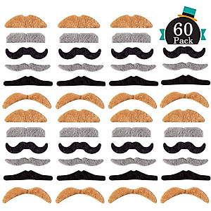 Whaline 60 Pieces Fake Mustache Self Adhesive Mustaches Halloween Costume Novelty Beard Realistic Stick for Party Supplies Birthday Party Costume Mexican Masquerade Performance (3 Color)