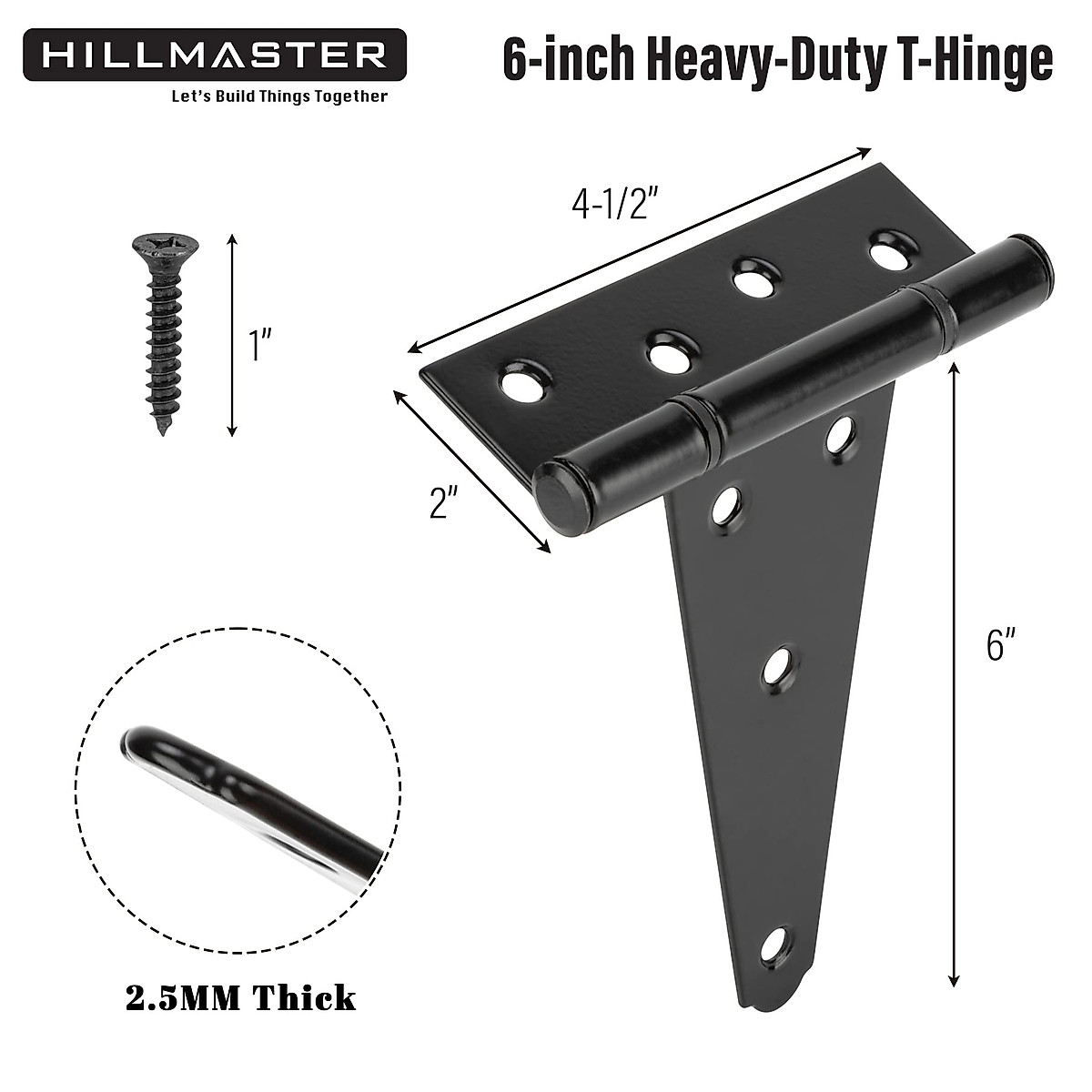 HILLMASTER 6 Inch T-Strap Heavy Duty Shed Door Hinges Gate Strap Hinges Black Tee Hinge Wrought Hardware for Wooden Fences,Yard,Barn Door,Rustproof(2 Pack)