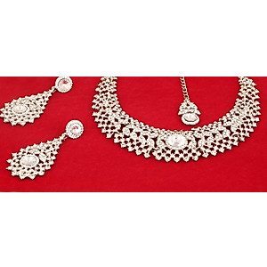 Touchstone Indian jewelry set for women rhinestone bridal necklace statement wedding brides earring formal big designer collar style trendy desi rhinestones maang tikka fashion in silver tone.