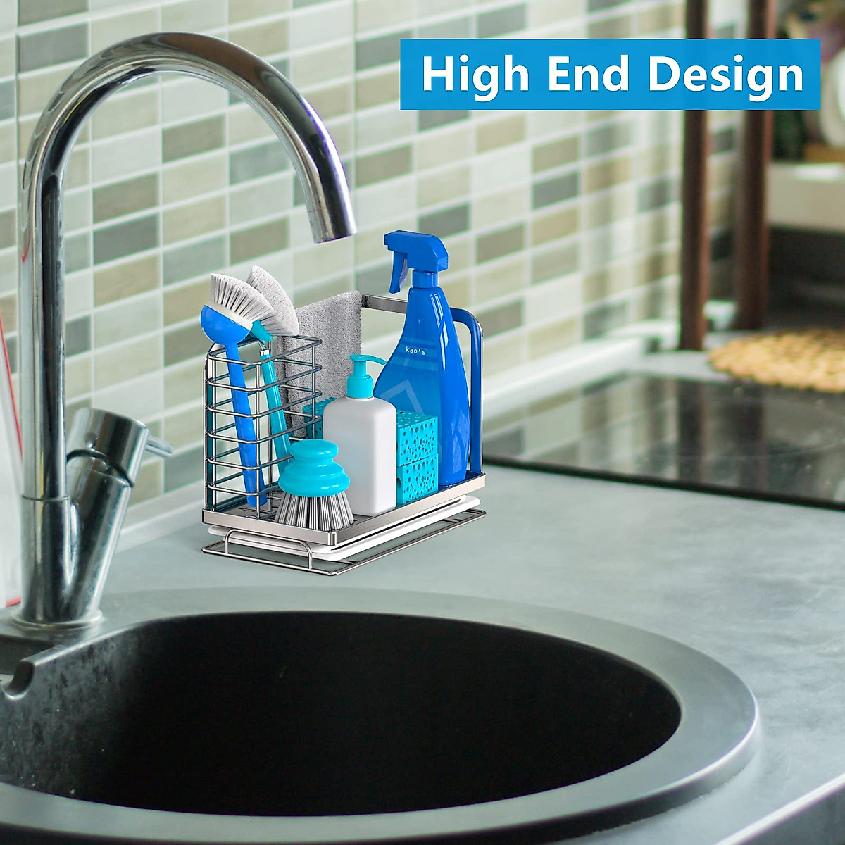 FixOwl Kitchen Sink Caddy Organizer 304 Stainless Steel Sponge Holder Dish Soap Brush Scrubber Countertop Rack, Rustproof, Silver