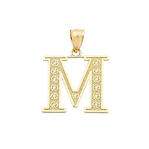 LoveBling 10K Yellow Gold Diamond Cut A to Z Alphabet Initial Letter Charm Necklace Pendant (Small) (M) (0.78")