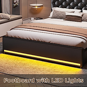 HAUOMS Queen Bed Frame with 3-Tier Headboard & Hidden Storage, Upholstered LED Bed Frame with 4 Drawers and Charging Station,Platform Metal Bed Frame with Storage, No Box Spring Needed, PU Black