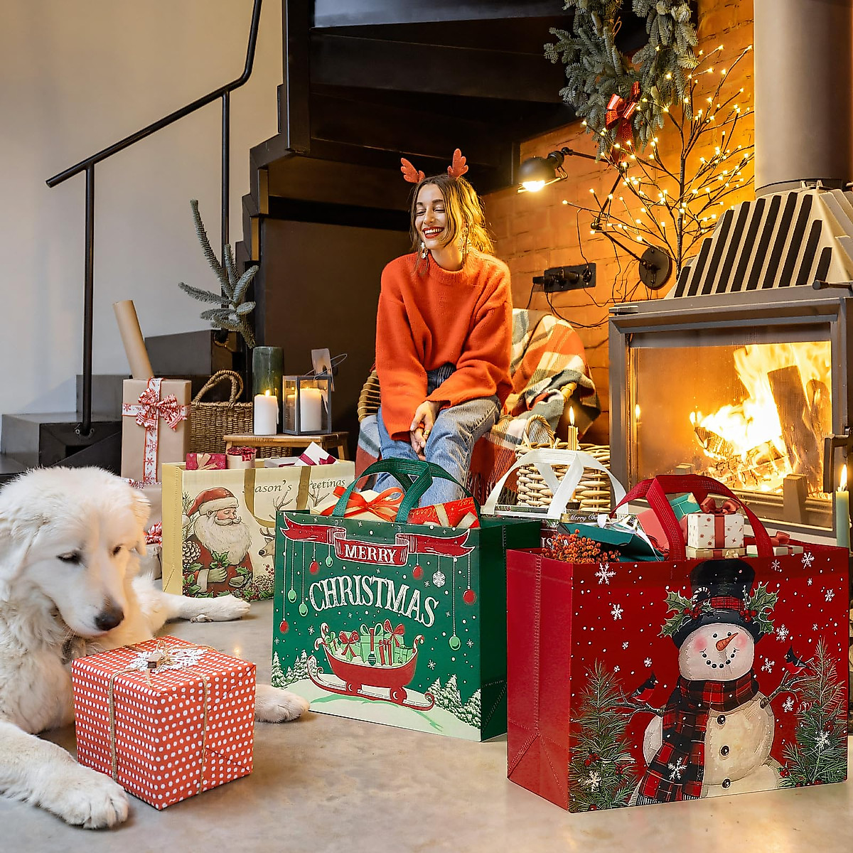 STYPOP 12 Pack 17" Extra Large Christmas Gift Bags, Reusable Christmas Tote Bags with Handles, Non-Woven Holiday Gift Bags for Christmas Gift Wrap/Party Favor Supplies, 16.9 * 12.6 * 6.8"