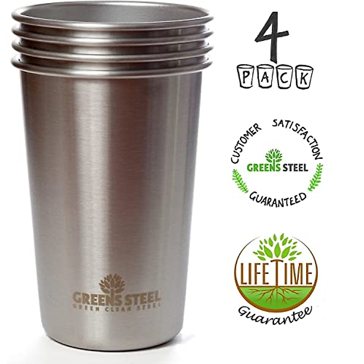 #1 Premium Stainless Steel Cups 16 oz/ 475ml Pint Cup Tumbler (4 Pack) by Greens Steel - Premium Metal Cups - Stackable Durable Cup