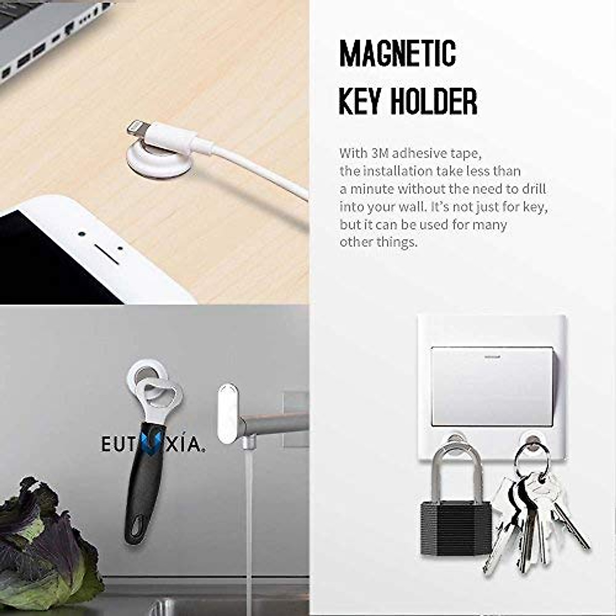 Eutuxia Magnetic Key Holder for Wall - Get Your Car & Home Keys Easier and Faster. Heavy Duty Magnets, Wall Key Holder, No Drilling, 3M Key Hook. [6 PK]
