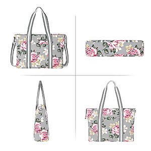 MOSISO Laptop Tote Bag for Women (17-17.3 inch), Canvas Rose Multifunctional Work Travel Shopping Duffel Carrying Shoulder Handbag Compatible with MacBook, Notebook and Chromebook, Grey