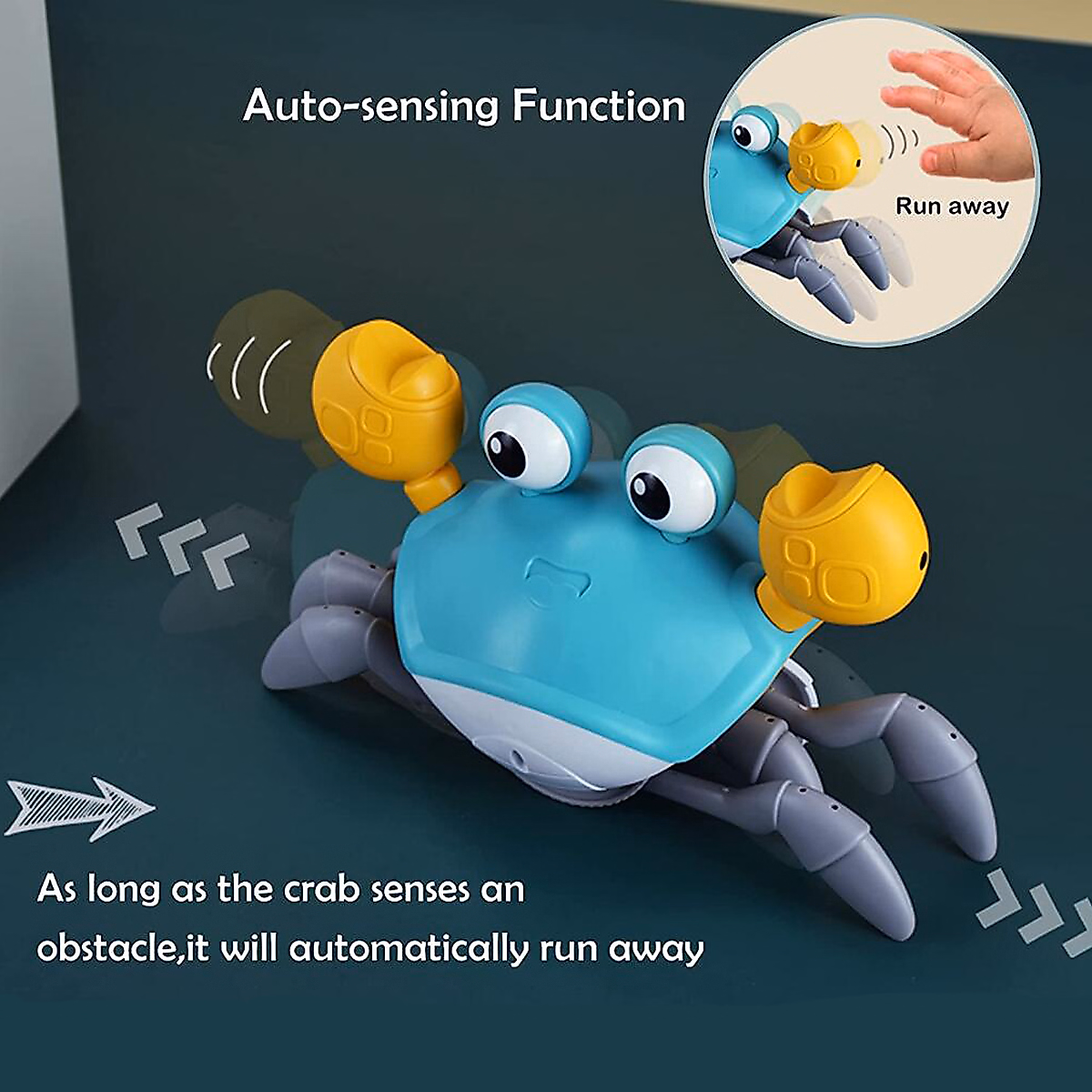 DASDSA Crawling Sensory Tummy time Toys for 1 Year Old boy Girl,Walking Crab Baby Toys Moving Dancing with Music and Light,Avoid Obstacles, Interactive Development