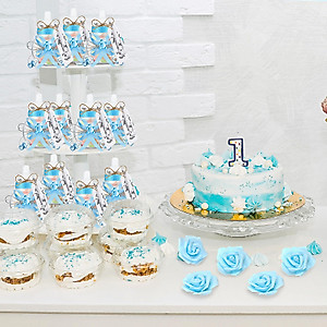 Suttmin 78 Pcs Baby Bottle Party Favors for Baby Shower 24 Mini Candy Bottles 24 Baby Footprint Bottle Openers 24 Thank Tags 6 Rose Flower for Boy Girl Baby Shower Party Decor(Blue, Silver)