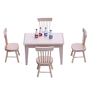 Taponukea Miniature Dollhouse Furniture and Accessories 1 12 Scale Dollhouse Miniature Furniture Wooden Dining Table Chair Bottles Model Set (Table Chair Set+Milk Bottle)