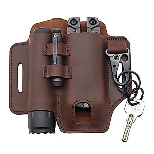 Carimee Multi-Tools Leather Sheath, Brown EDC Belt Organizer with Flashlight Holder, Pen Holder, Multi-Tools Pouch and Key Chain Clip, Multitool Belt Sheath for Work and Daily Use, Ideal Gift for Men