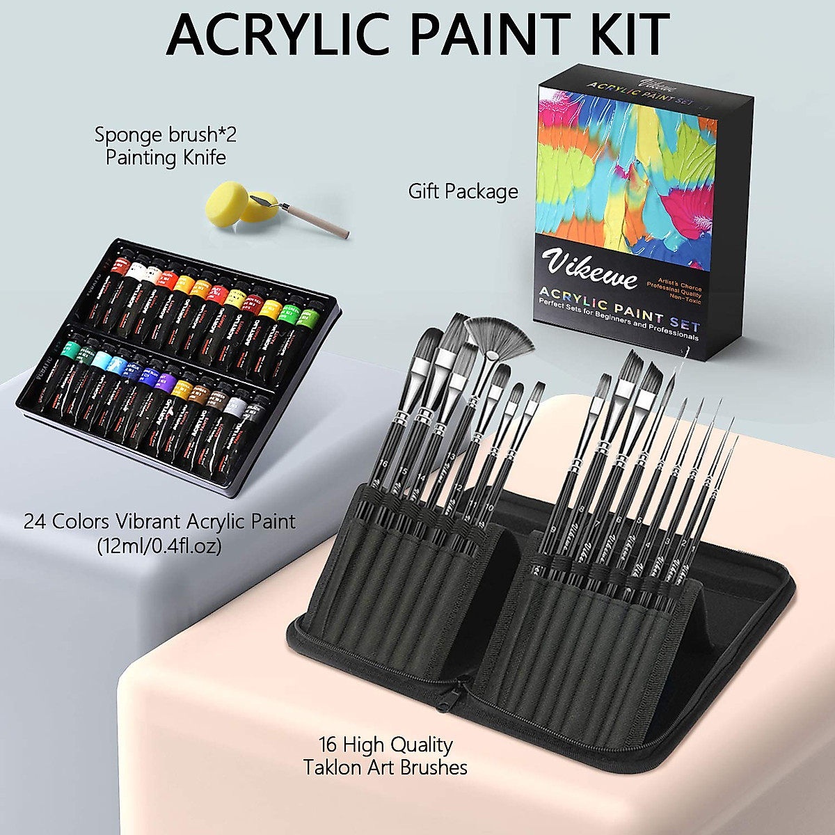 VIKEWE Acrylic Paint Set, 44 Piece Professional Painting Set, Includes 24 Acrylic Paints, 16 Pcs Paint Brushes with Case,Paint Knife and Art Sponge for Watercolor, Oil, Artists, Students and Kids