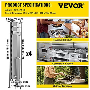VEVOR Grill Burners, Stainless Steel BBQ Burners Replacement, 4 Packs Grill Burner Replacement, Flame Grill with 16.1" Length Barbecue Replacement Parts with Evenly Burning for Premium Gas Grills