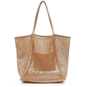 Mesh Beach Tote Womens Shoulder Handbag (Tan, Black)