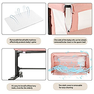 Kinder King Baby Bassinet w/Wheels, Folding Portable Newborn Bedside Sleeper, All-Sided Mesh Infant Crib, Adjustable Height/Angle, Removable Soft Mattress, No Tool to Assemble, Pink