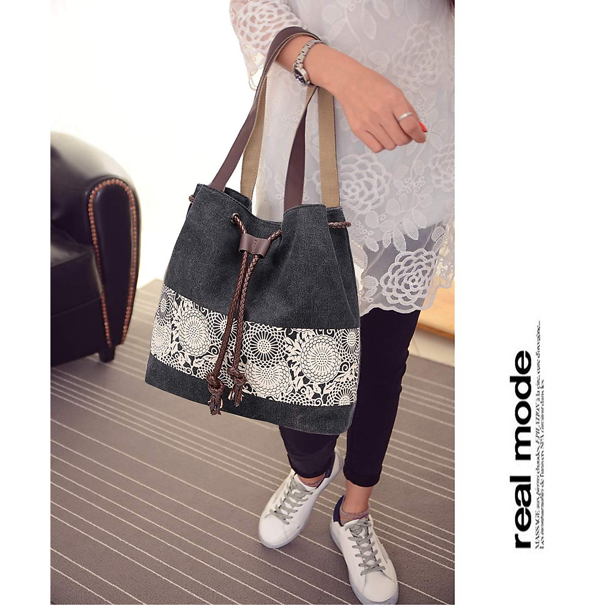 Women Printing Canvas Shoulder Bag Casual Hand Bags Purse Retro Tote Bags (Black) Medium