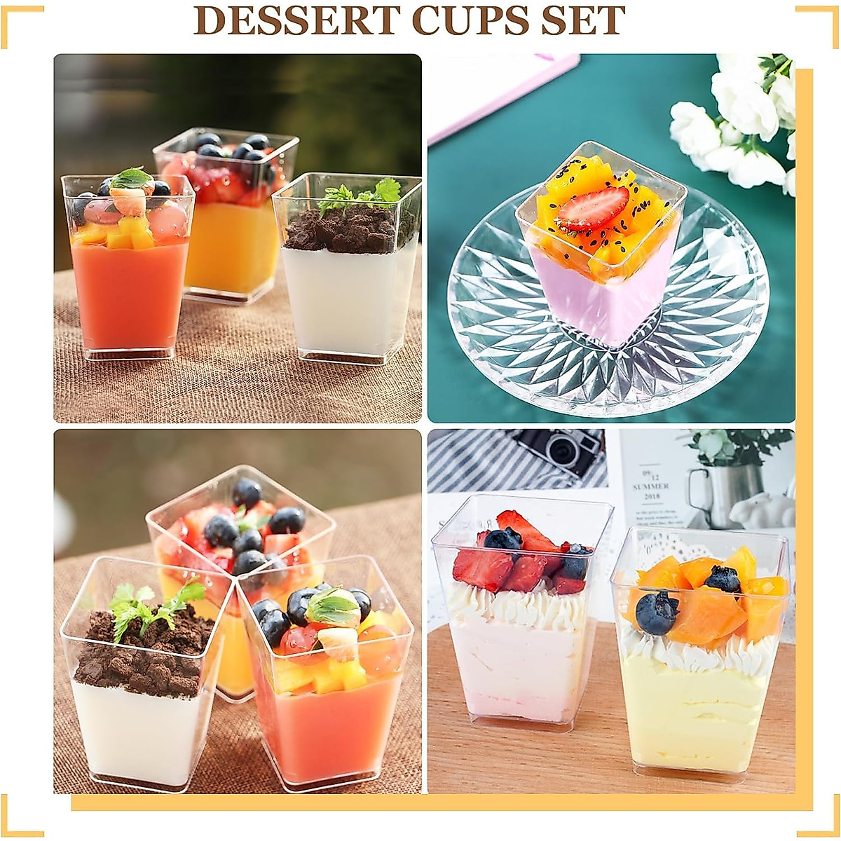 200Pcs Dessert Cups with Spoons 100Pcs 5 OZ Mini Clear Plastic Appetizer Parfait Cup 100 Spoon Small Fruit Ice Cream Mousse Pudding Serving Bowl Shooter for Party Square Wine Shot Glasses Round Goblet