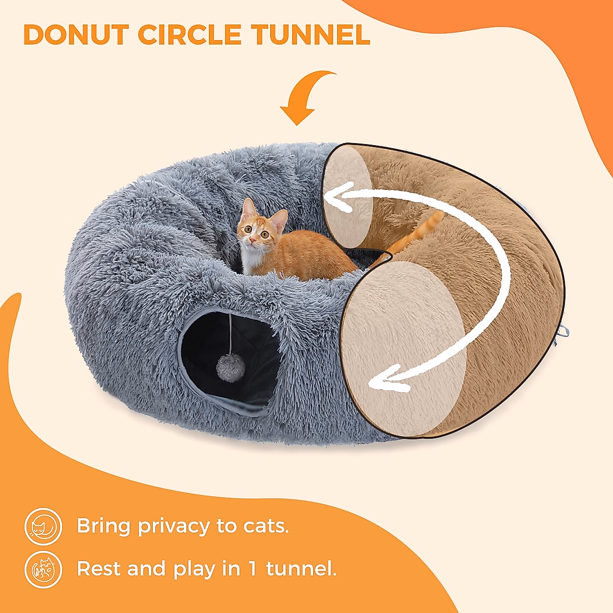 PAWZ Road Large Cat Tunnel, Cat Tunnel Bed with Central Soft Mat and Dangling Balls, Collapsible Fluffy Plush Cat Tube (9.8 Inches in Diameter) for Indoor Cats, Rabbits and Puppies