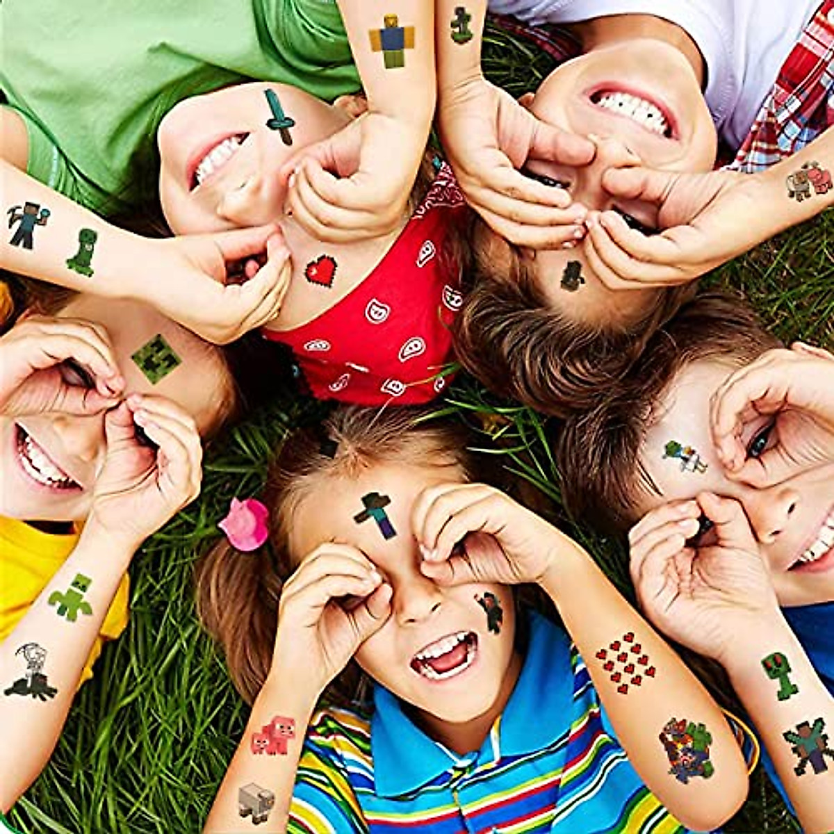 12 Sheets Cute Temporary Tattoos for Kids, Pixel Birthday Party Supplies Pixel Style Party Favors for Kids Boys Girls Pixel Video Game Party Decorations Pixel Theme Party Gifts