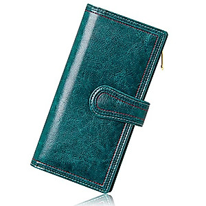 CILLA Womens Leather Wallet Large Capacity Bifold Ladies Zipper Clutch Credit Card Holder With Coin Pouch Oil Wax Design (Turquoise Green)