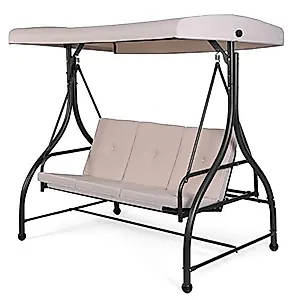 Tangkula 3 Seats Converting Patio Swing, Outdoor Porch Garden Canopy Swing with Comfortable Cushion Seats & Adjustable Tilt Canopy, Heavy Duty Hammock 3 Persons Porch Swing (Beige)