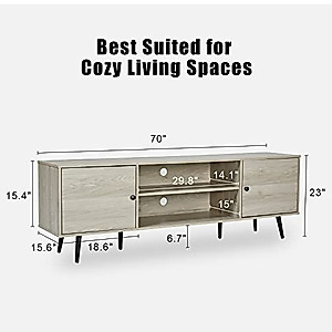 AMERLIFE 70 Inch TV Stand Mid-Century Wood Modern Entertainment Center Adjustable Storage Cabinet TV Console for Living Room Suitable for TV up to 80", Stone White