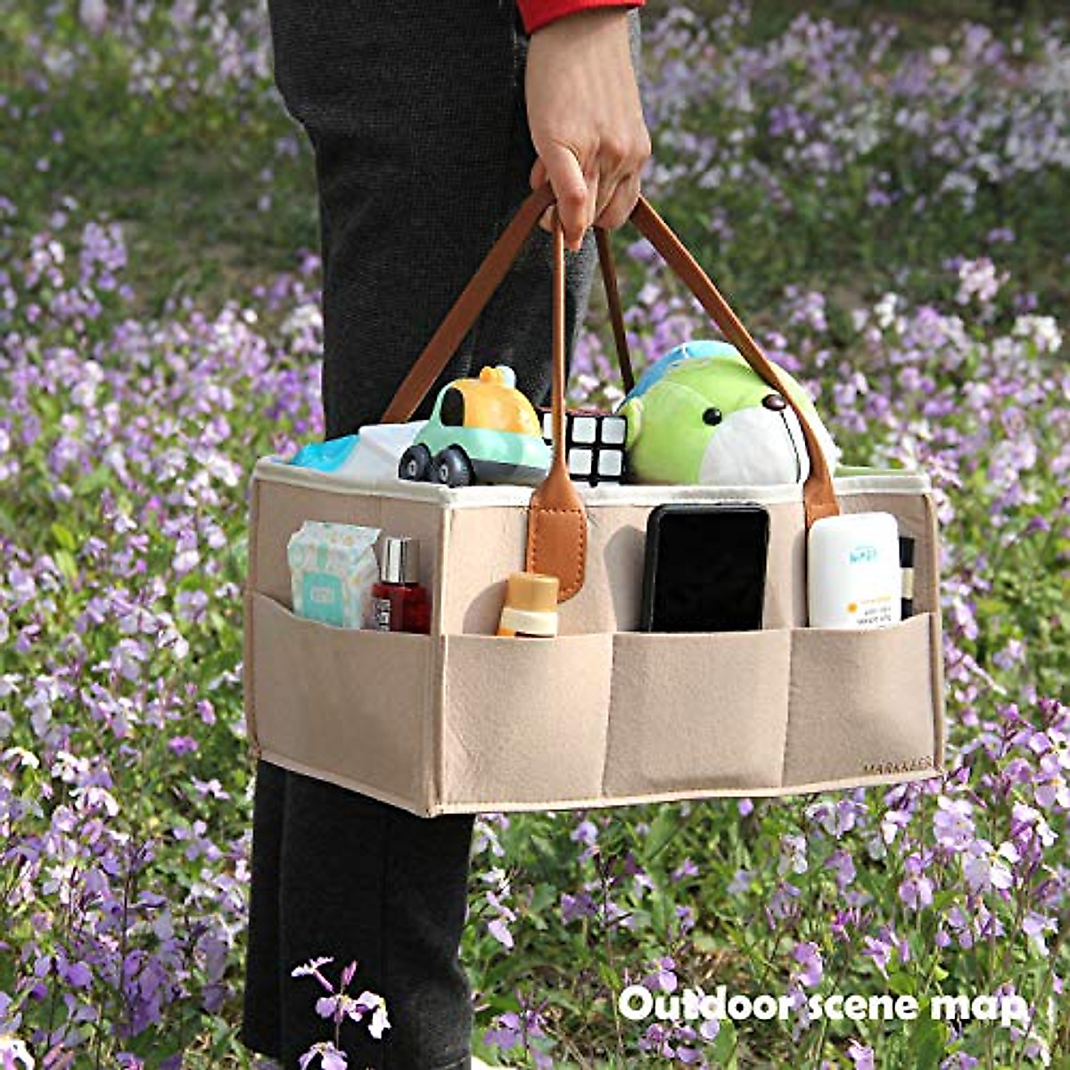 MARKKEER Baby Diaper Caddy Organizer, Nursery Storage Bin Car for Diapers and Baby Wipes, Changing Table Diaper Caddy, Portable Baby Essentials Basket Holder Tote Bag for Girl Boy (large,Beige)