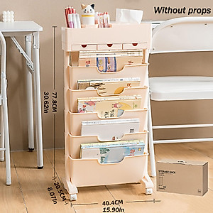 WOCFPLOHTD 6 Tier Rolling Cart,Open Bookcase and Bookshelf,Mobile Bookshelf with Wheels 3 Drawer,Storage Shelving Display Shelves,Narrow Rolling Storage Cart for Living Room, Bedroom, Kitchen (Pink)