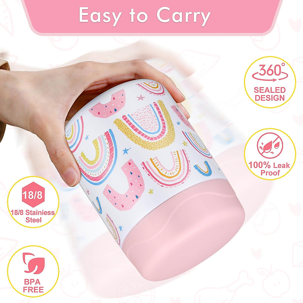 wiwens 12oz Soup Thermo for Hot Food Kids Insulated Food Jar Wide Mouth Lunch Container Leak Proof Stainless Steel Vacuum Bento Box for School Office Travel Outdoors White-Rainbow