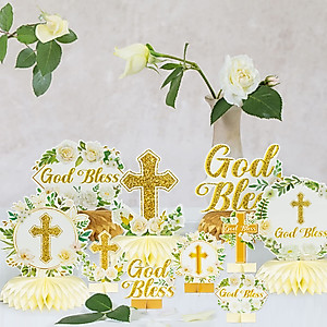 ANGOLIO White Gold Floral Honeycomb Centerpieces - 12Pcs Rose Greenery God Baptism Honeycomb Centerpieces Baby Shower Decor for Boy Girl Party Decor 3D Table Toppers God Bless First Communion Birthday