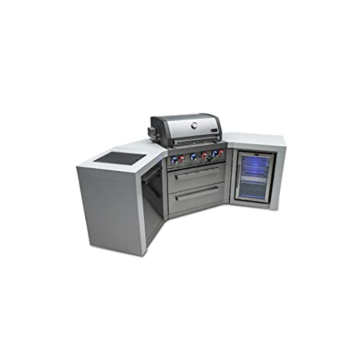 Mont Alpi MAi400-D45FC 32-Inch 4-Burner 78000 BTU 45-Degree Deluxe Stainless Steel Island Outdoor Kitchen Gas Barbecue Island Grill + Compact Refrigerator Wine Cooler + Infrared Side Burner