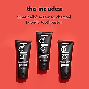 Hello Activated Charcoal Toothpaste, Fluoride Toothpaste with Activated Charcoal, Teeth Whitening Toothpaste with Fresh Mint and Coconut Oil, No SLS, Vegan, Gluten Free, 3 Pack, 4 OZ Tubes