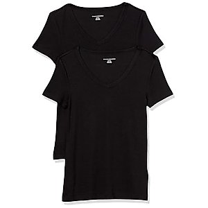 Amazon Essentials Women's Slim-Fit Short-Sleeve V-Neck T-Shirt, Pack of 2, Black, X-Large