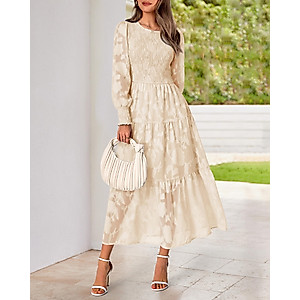 BTFBM Casual Women's 2025 Fall Dresses Elegant Wedding Guest Dress Long Sleeve Floral Midi Dress Flowy Bohemian Long Dress(Apricot,Small)