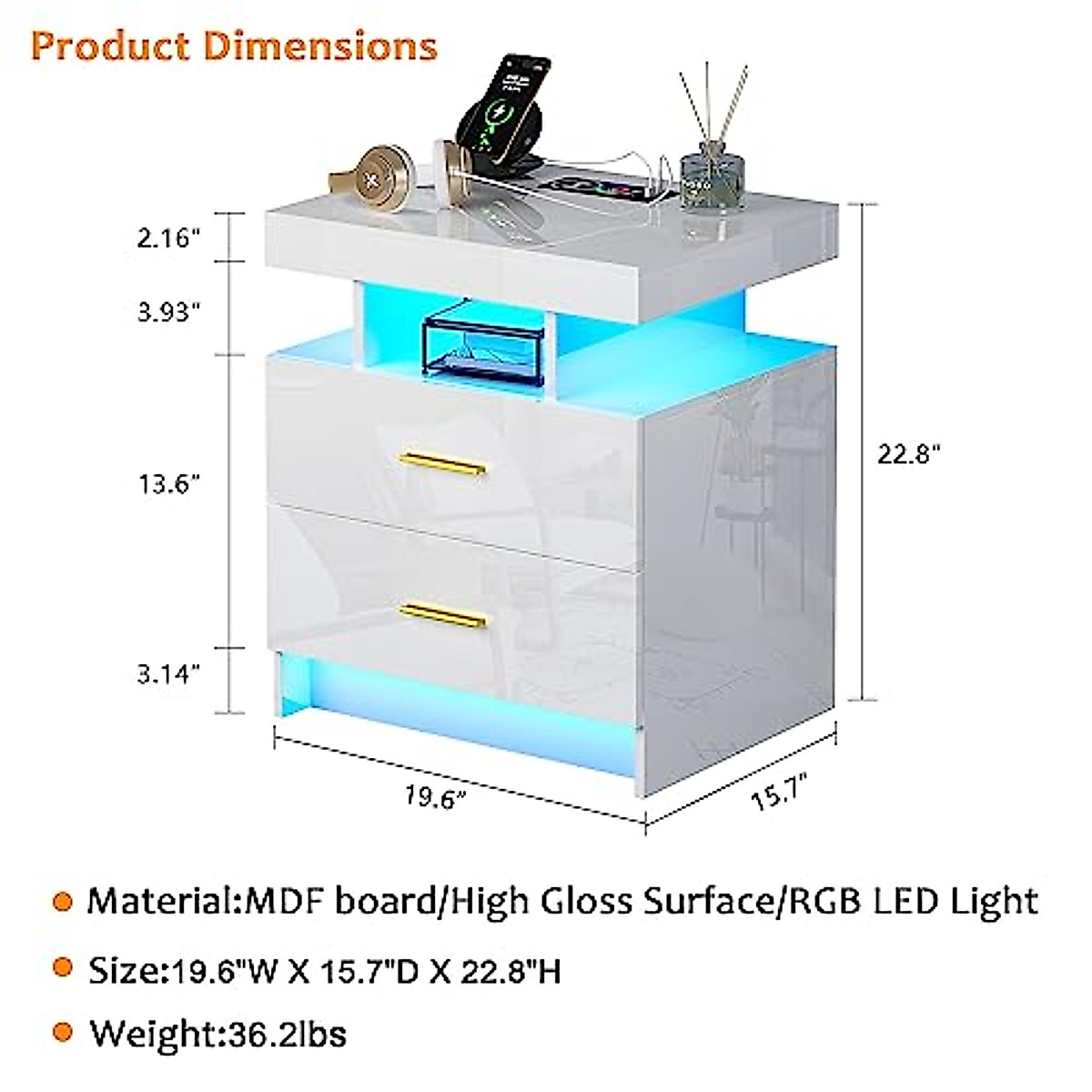 SKKTKT LED Nightstand with Charging Station, Modern White Bedside Table with Body Sensor Light, Night Stand with 2 Storage Drawers & 24 Color Changing, High Gloss End Table Bed Side Table for Bedroom